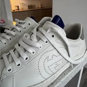 Gucci | Shoes | Gucci White Leather Sneaker With Navy Heel Tab | Poshmark
